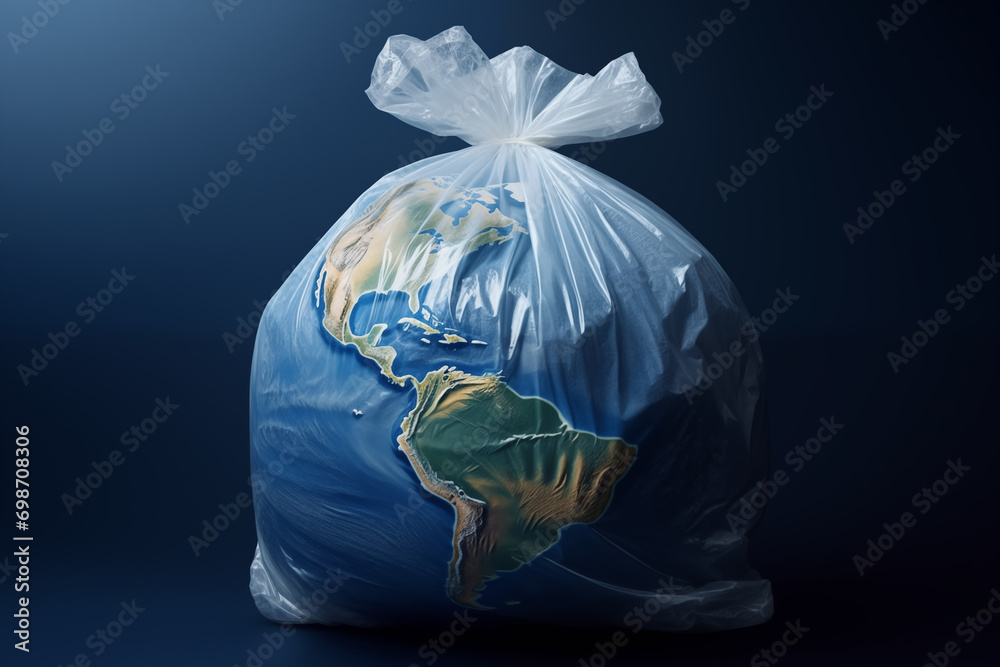 Earth in polyethylene plastic disposable package. Concept pollution of ...