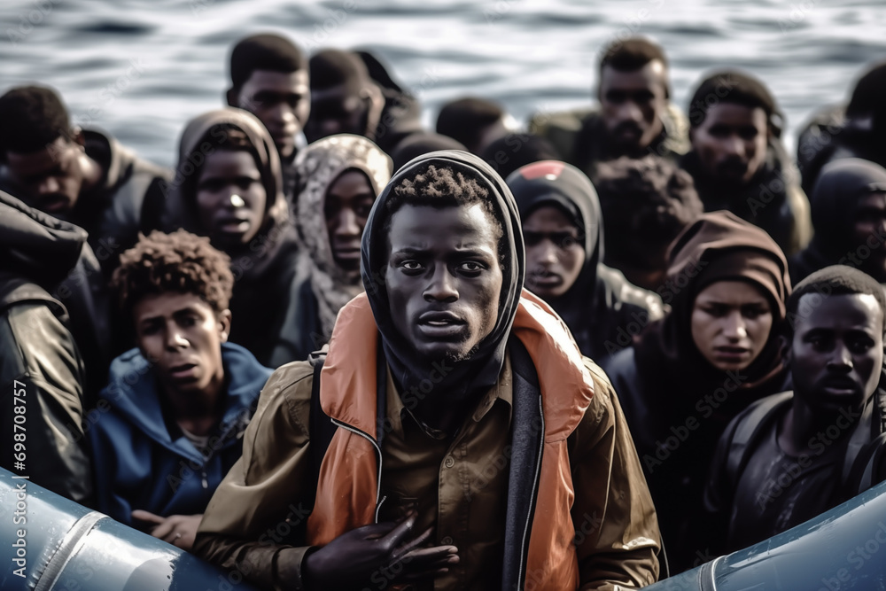 Migrant vessel in Mediterranean Sea. Migrants aboard an inflatable ...
