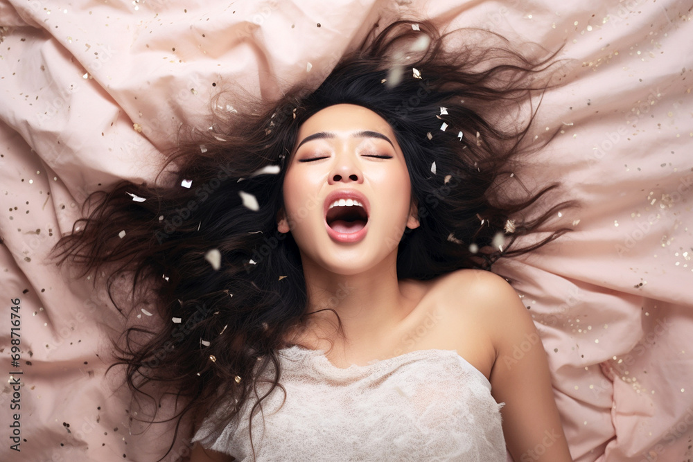 Young Asian Woman Having Orgasm Woman With Open Mouth And Closed Eyes Enjoying Sex Lying Among