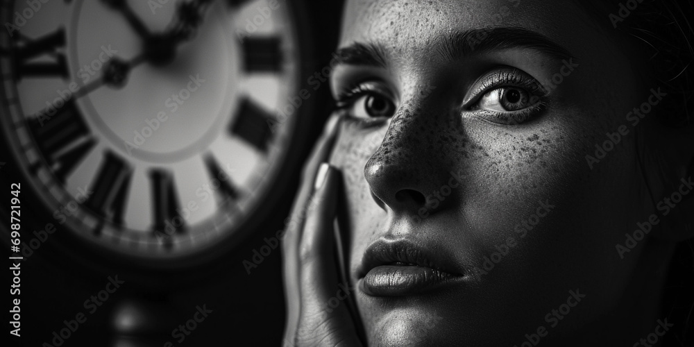 Surreal portrait of a figure with a clock face, hands of the clock ...