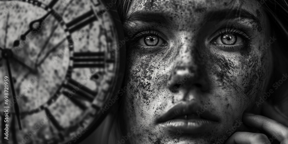 Surreal portrait of a figure with a clock face, hands of the clock ...