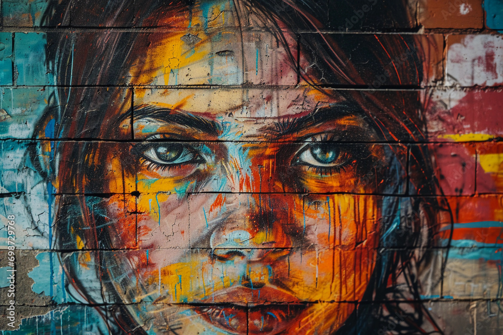 Vivid graffiti portrait on urban brick wall, mix of wildstyle and ...