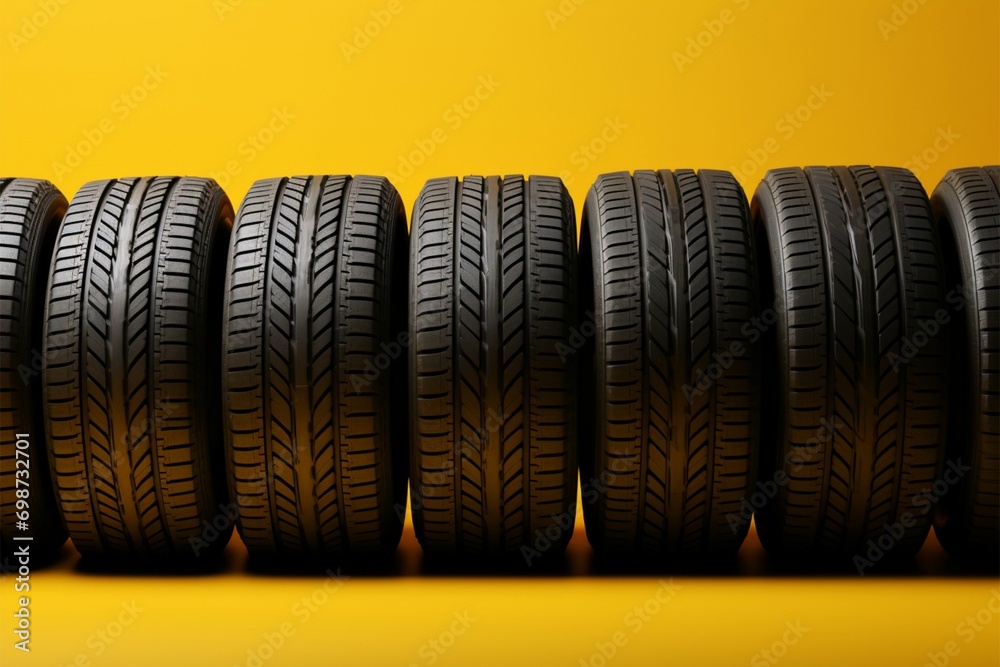 Tire row elegance Yellow background adorned with a neat row of tires ...
