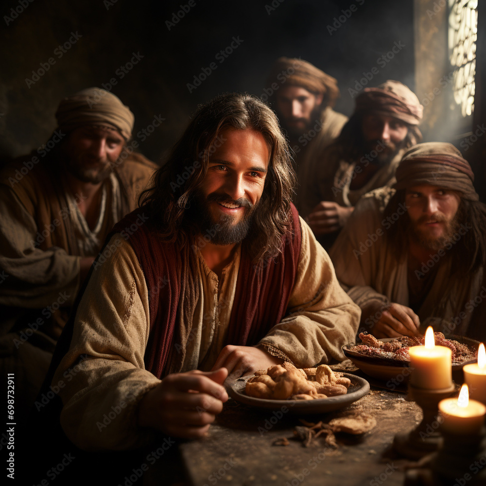 Christian religious illustration. Jesus Christ with the apostles ...
