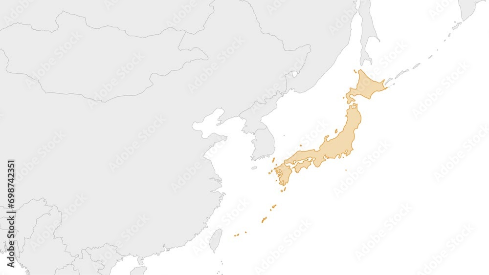 Animation of Japan country map on the world map. Animation of map zoom ...