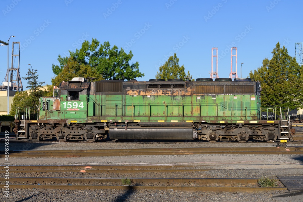 Seattle - September 9, 2023; BNSF 1594 side view in former Burlington Northern green livery ...
