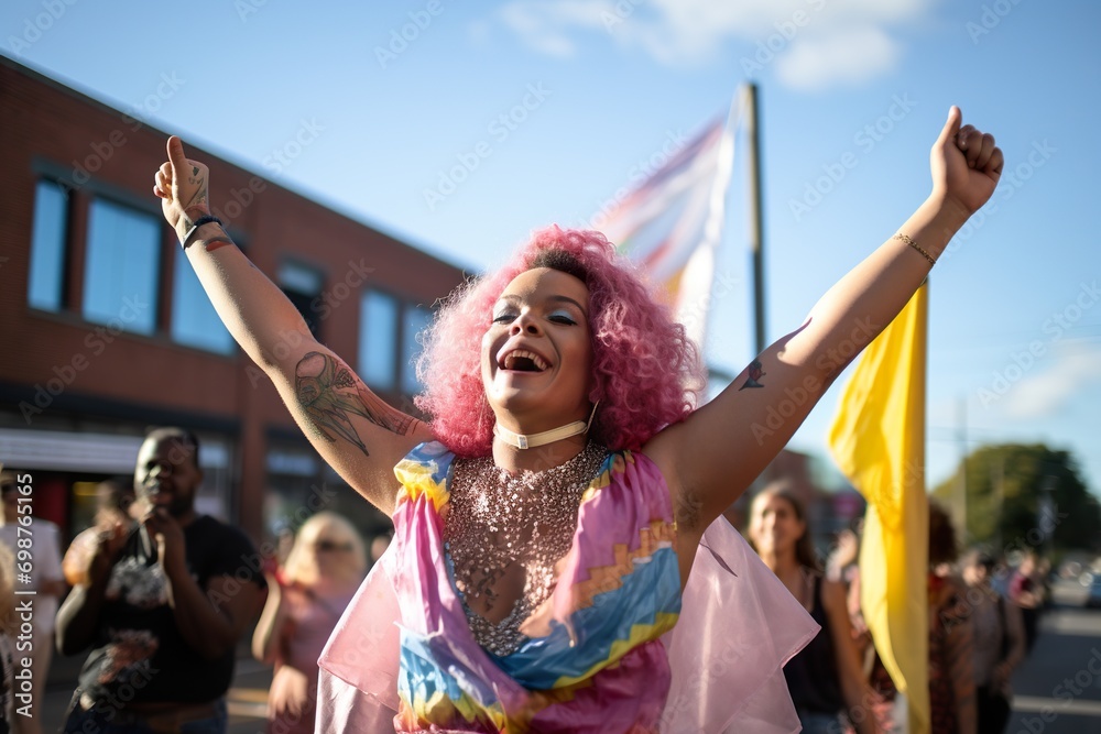 transgender woman vindicating her rights on pride day with arms raised ...