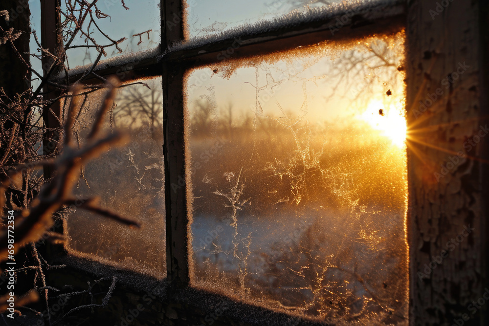 Sunlight filters through a frost-covered window, creating a beautiful ...