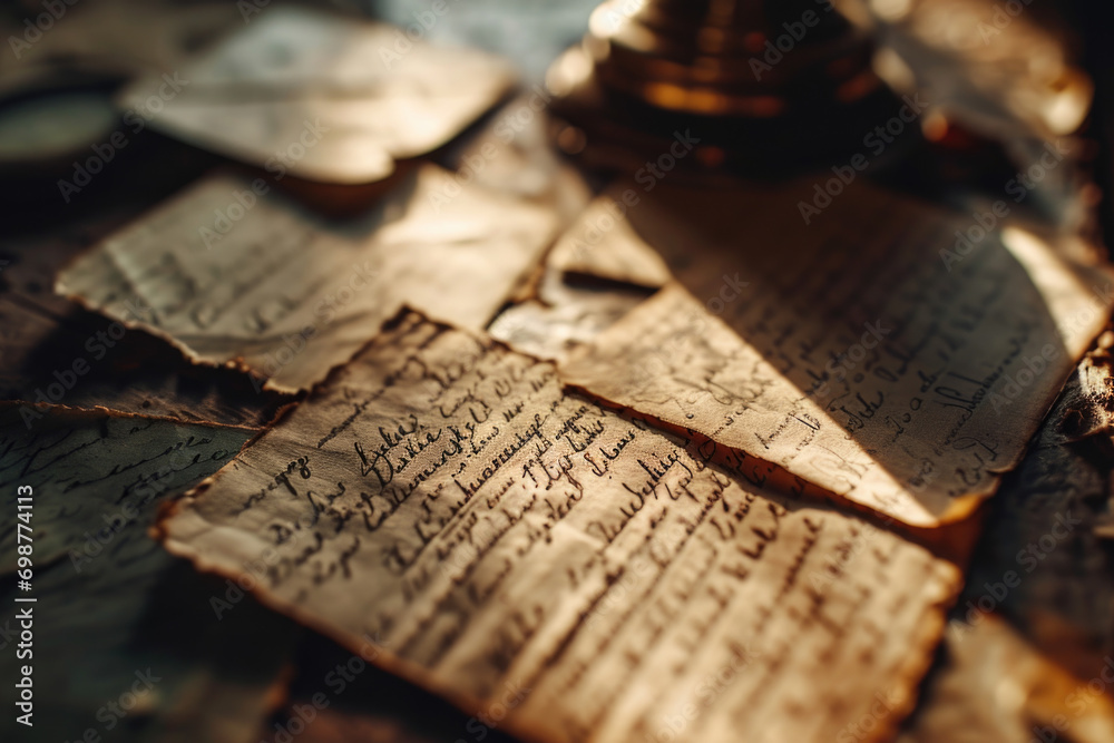 A pile of old papers sitting on top of a table. Can be used to depict a ...