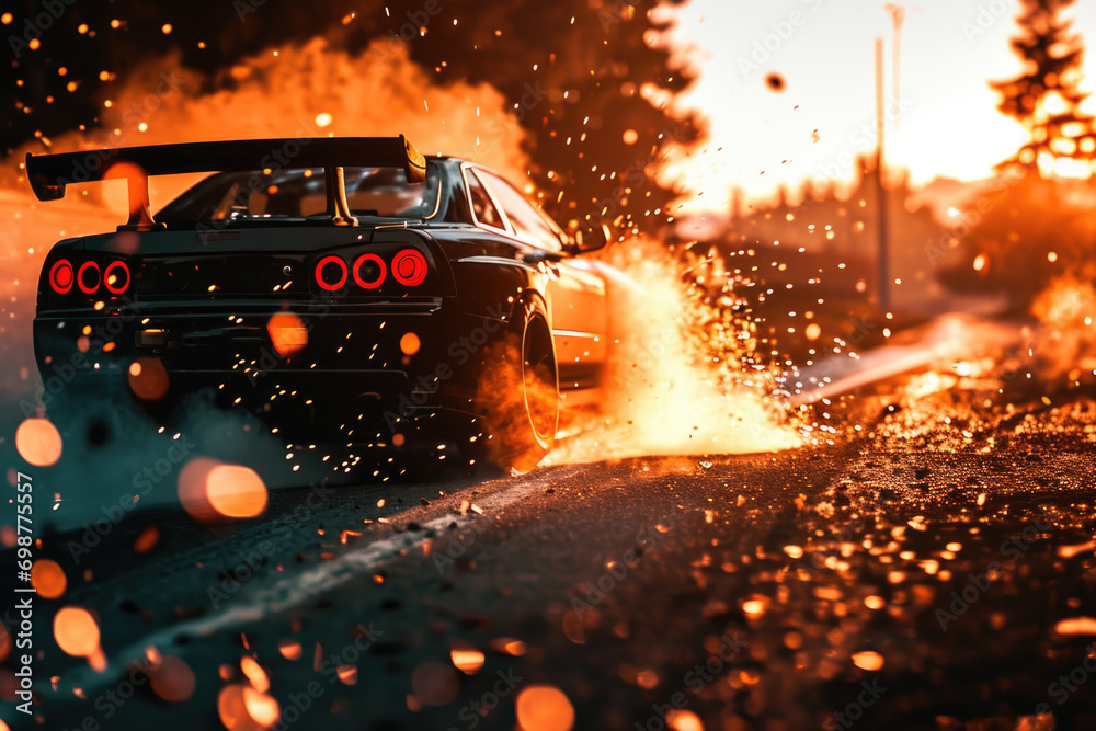 A car driving down a road with a lot of dust flying around it. Ideal ...