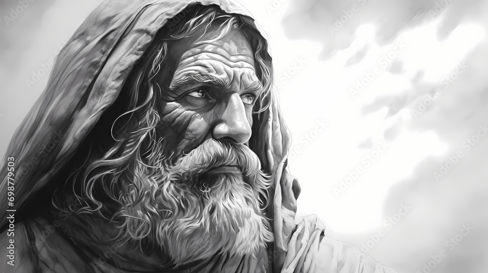 Moses in hooded cloak black and white monochrome portrait pencil sketch ...