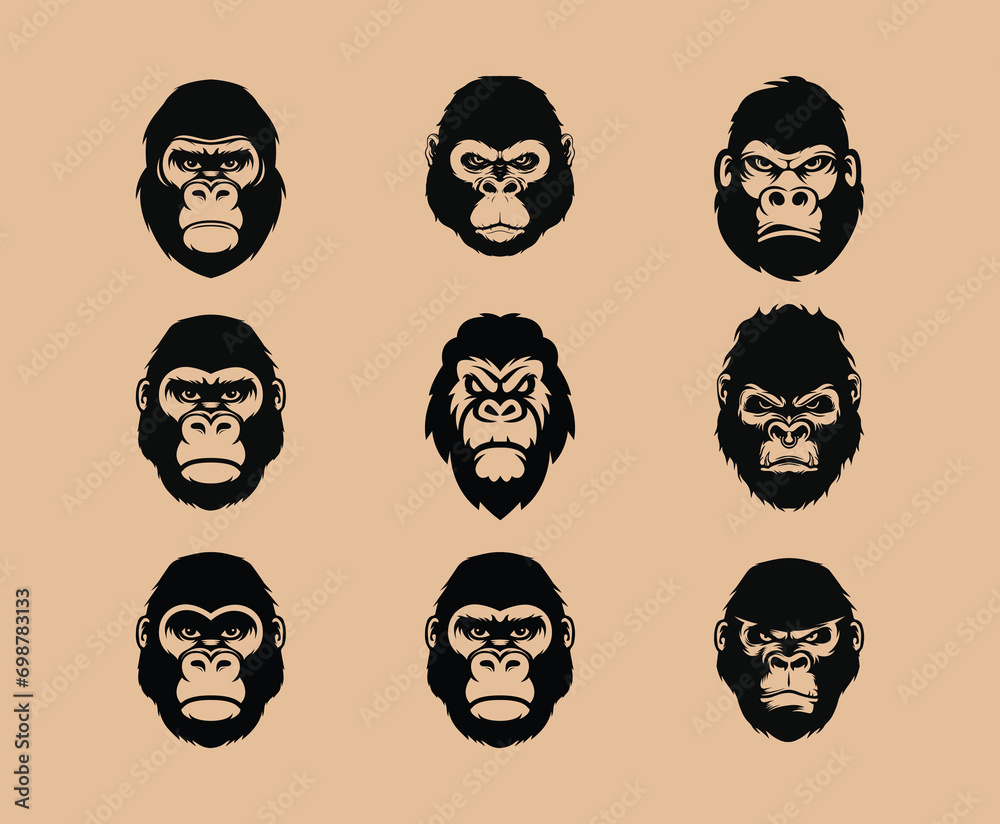 Gorilla heads black and white vector. Silhouette vector shapes of ...