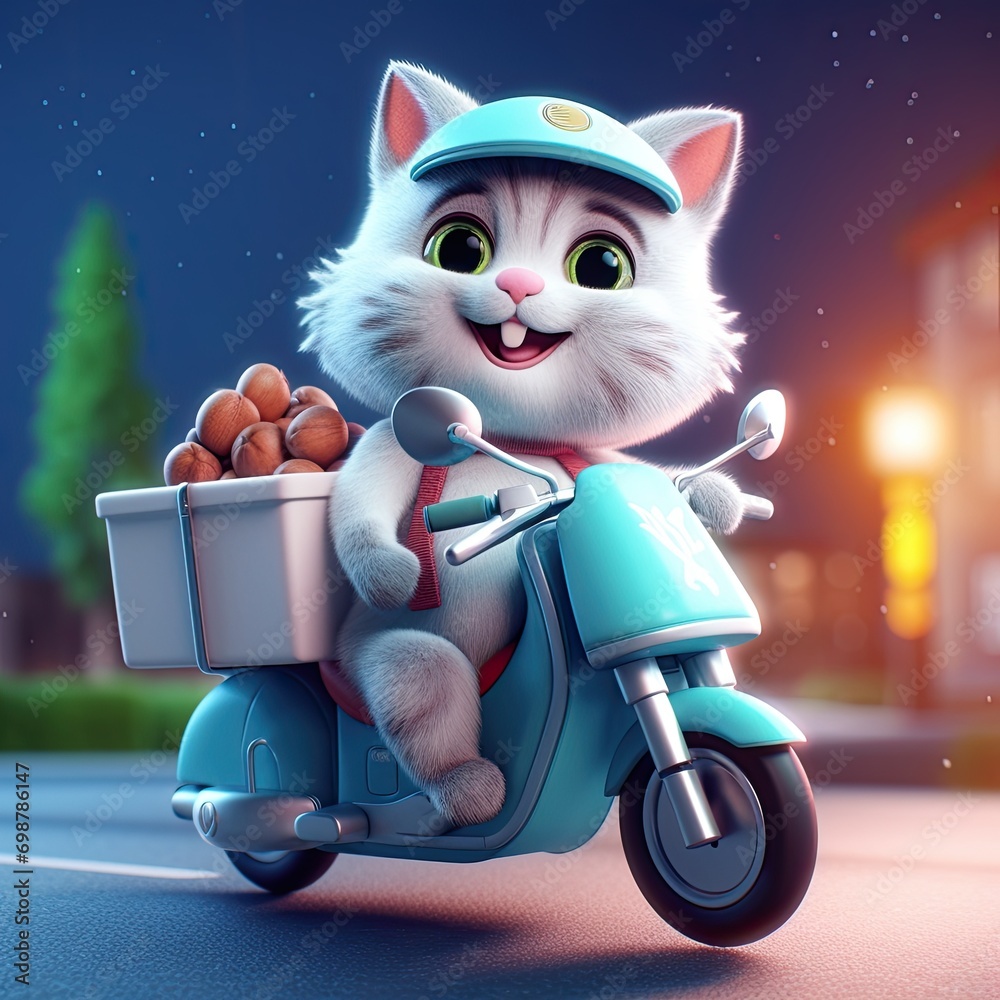 Cartoon cat on a scooter art. Delivery service. Rent or sale of ...