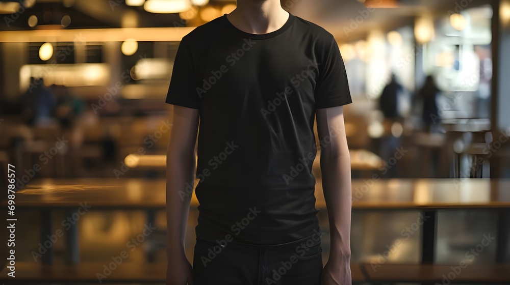 Young teenage male boy wearing plain black shirt mockup standing ...