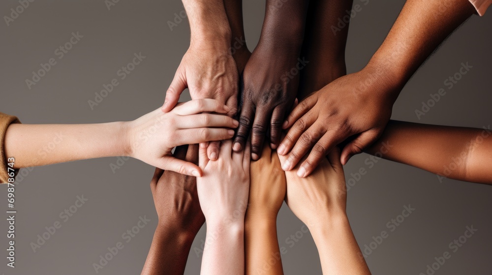 Close up of people hands of different nationalities together, as a ...