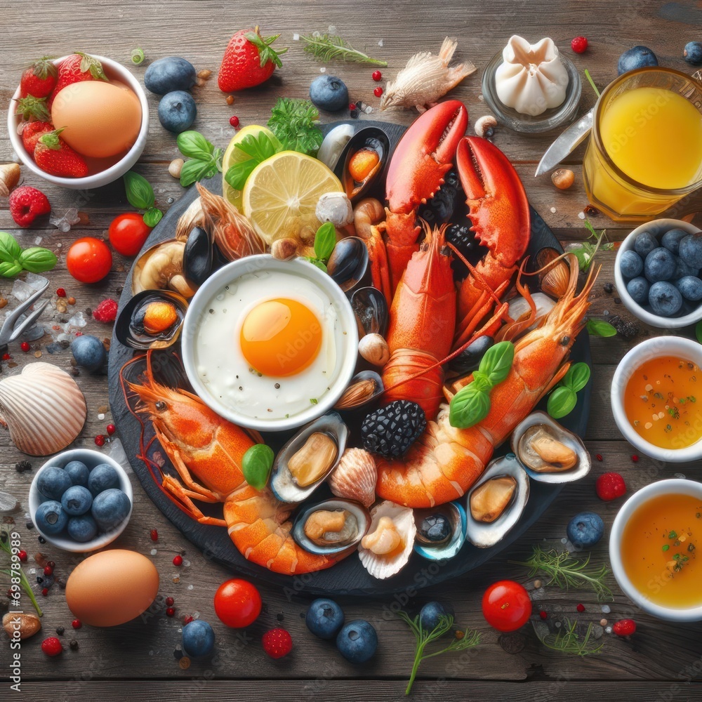 Frutti di mare, shrimps, oysters, lobsters, snails, seafood with fruits ...