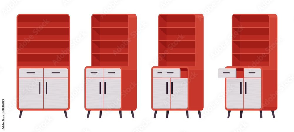 Cupboard red set, storage kitchen pantry, cabinet or buffet. Functional ...