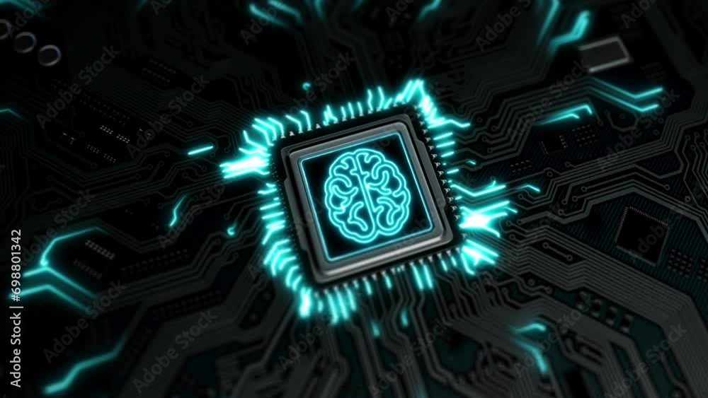 3D visualization abstract concept, icon of brain artificial intelligence AI on the motherboard ...
