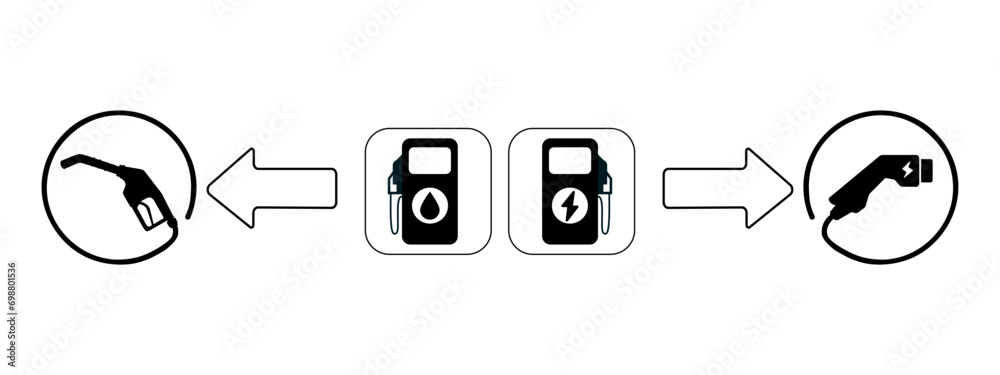 EV charger connector and gas pump gun icon, electric vehicle charging ...