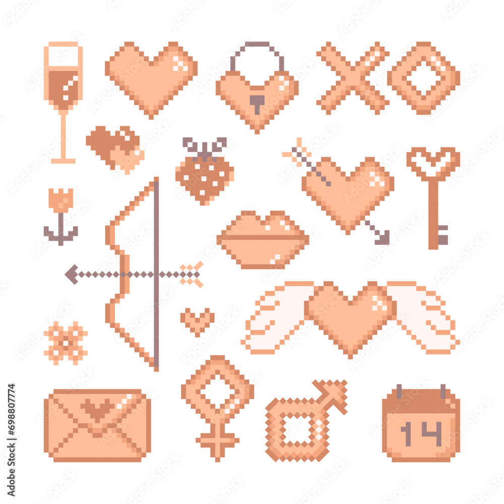 Pixel art Valentine day elements set. 8 bit vintage video game style ...