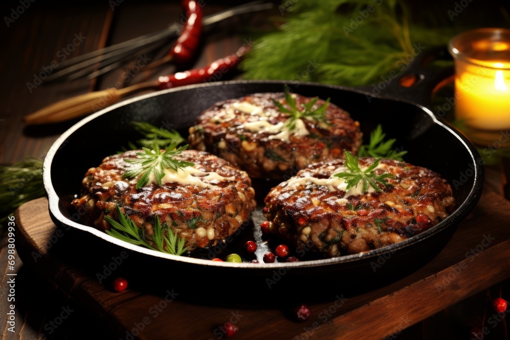 Delectable grilled juicy meat burger patty sizzling and searing to ...
