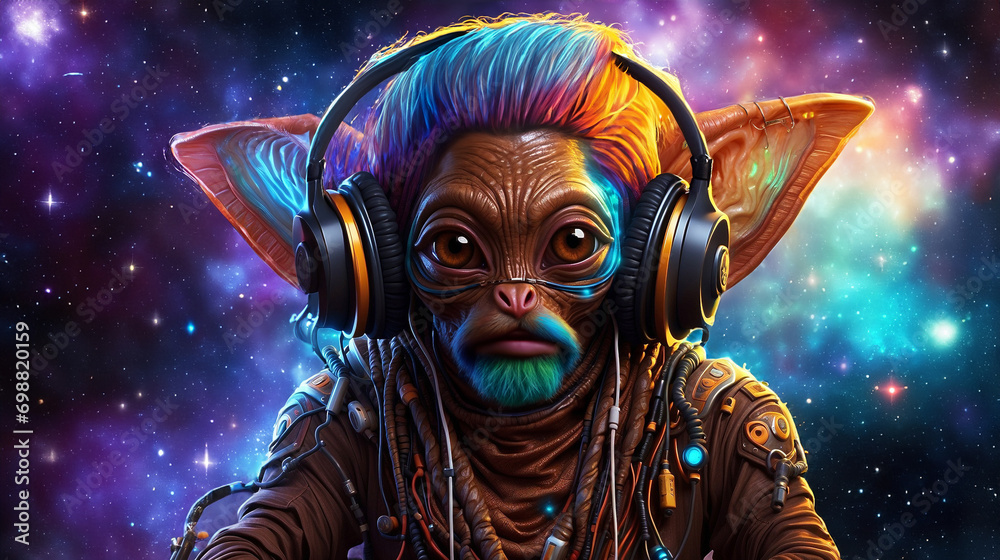 Extra terrestrial alien with a beard and mustache wearing headphones ...