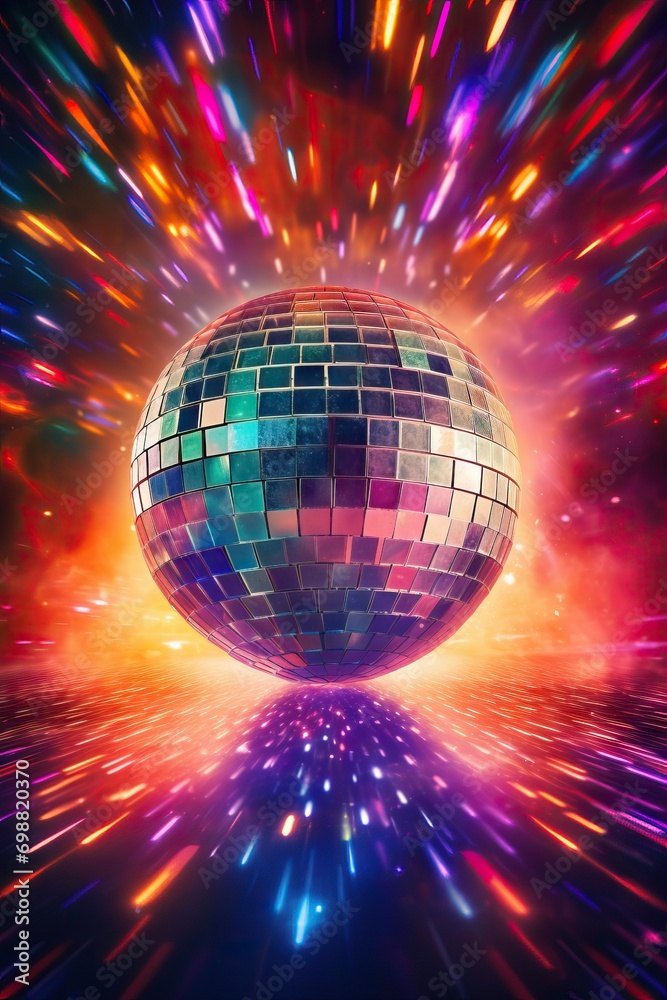 Disco or mirror ball with rainbow on colorful dark background with ...