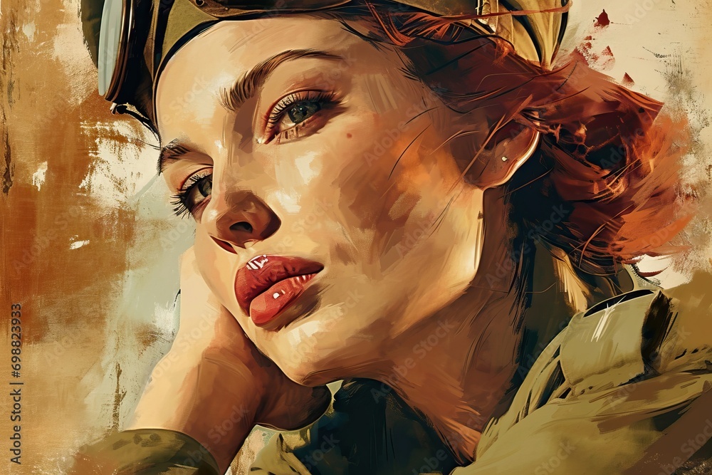 Courageous female soldier. Young girl wearing retro military uniform ...