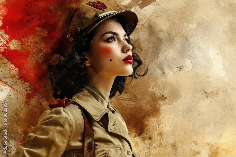 Courageous female soldier. Young girl wearing retro military uniform ...