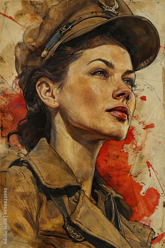 Courageous female soldier. Young girl wearing retro military uniform ...