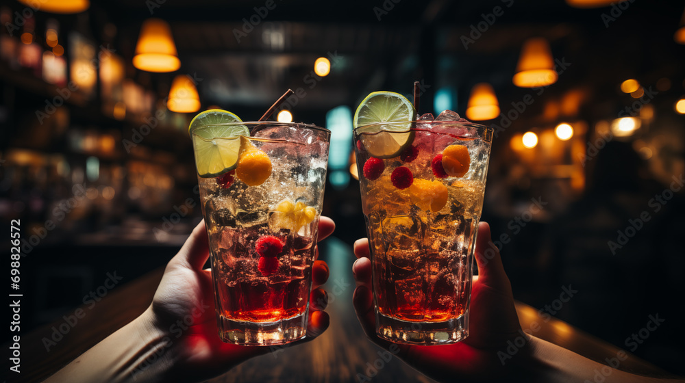 The hands with fresh summer drinks in a nightclub. Tasty cocktails on ...