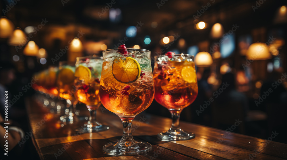 Fresh summer drink in a nightclub. Tasty cocktails on night party in ...
