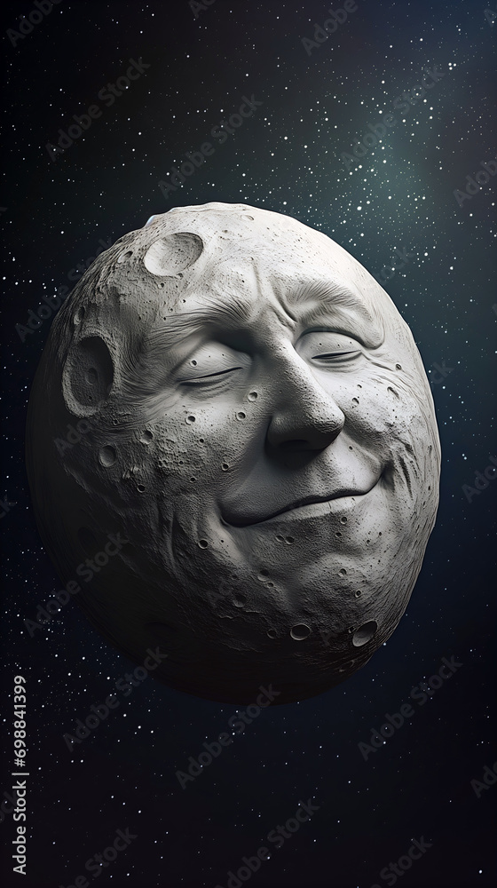 Anthropomorphic moon face with a serene smile against a starry night ...