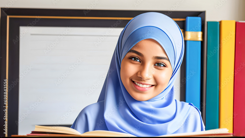 A cute young Muslim girl student smiling and happy with an open book on ...