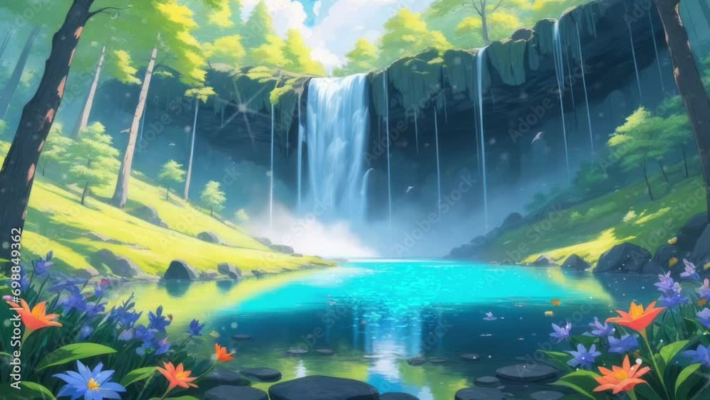 Landscape of waterfall and pond in the forest. Loop background ...
