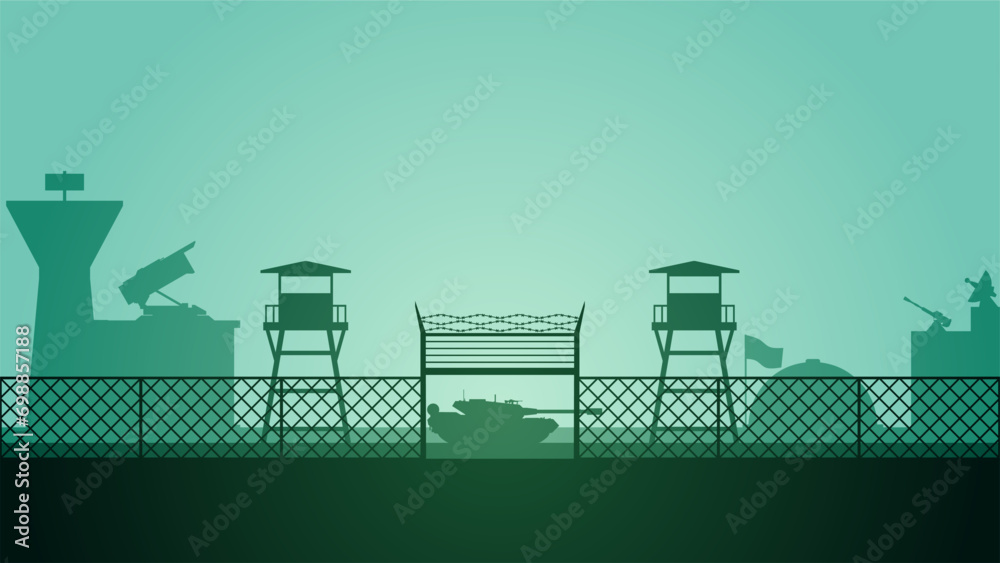 Military base landscape vector illustration. Silhouette of military ...