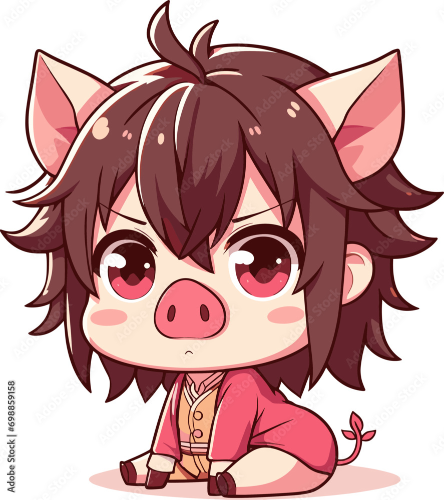 Funny anime character in pig form sitting, isolated on white vector art ...