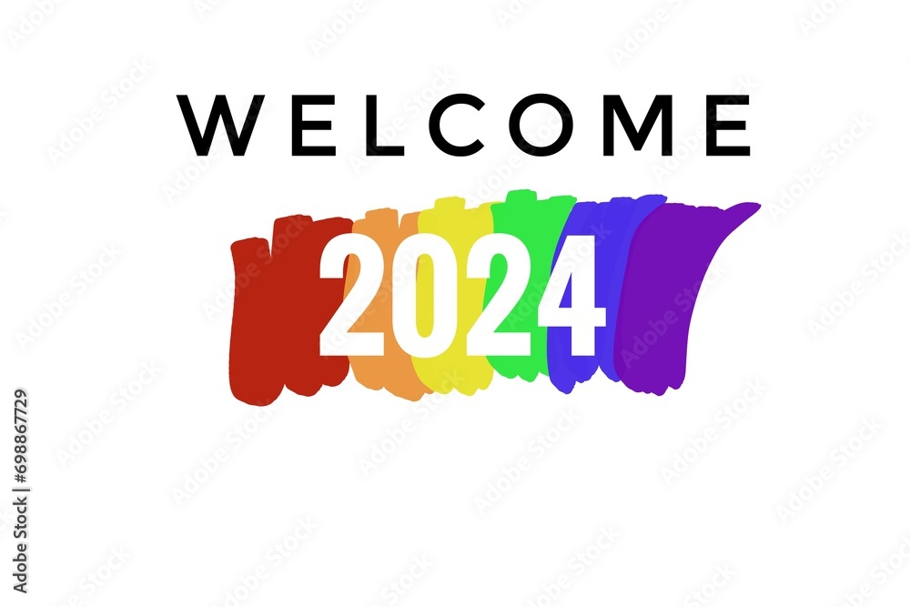 Welcome 2024 on hand drawn picture of rainbow colors stripes. White ...