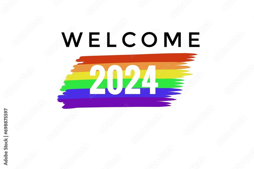 Welcome 2024 on hand drawn picture of rainbow colors stripes. White ...
