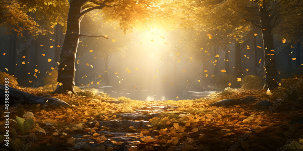Sun Rays Dancing Across the Golden Landscape with Falling Leaves ,Sun ...