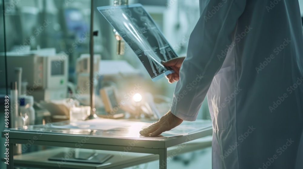 Doctor checking an X-ray sheet of leg and knee bone in the medical ...
