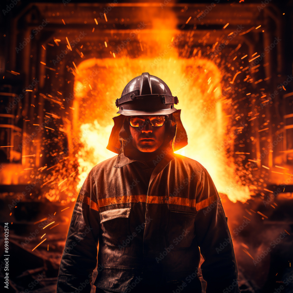 Steel foundry protective equipment and helmet surrounded by glow and ...