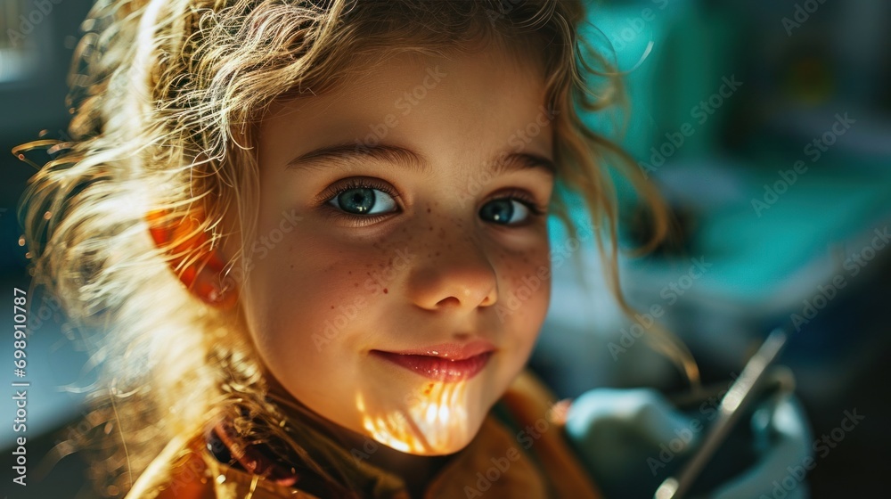 Young patient girl smiles with teeth while receiving treatment from ...