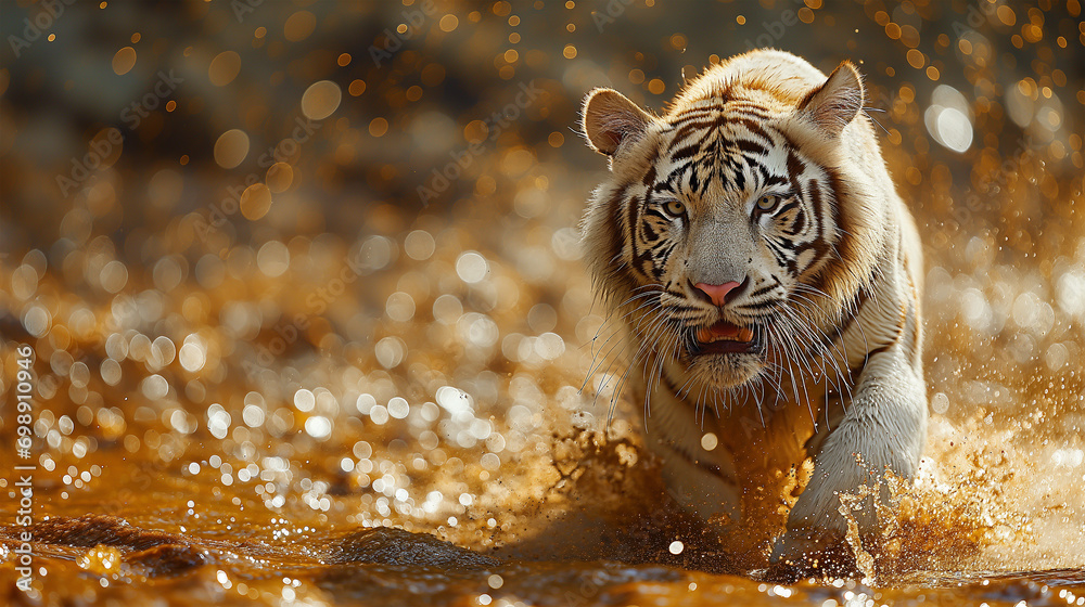 Tiger in the nature habitat. Tiger running out during the golden light ...