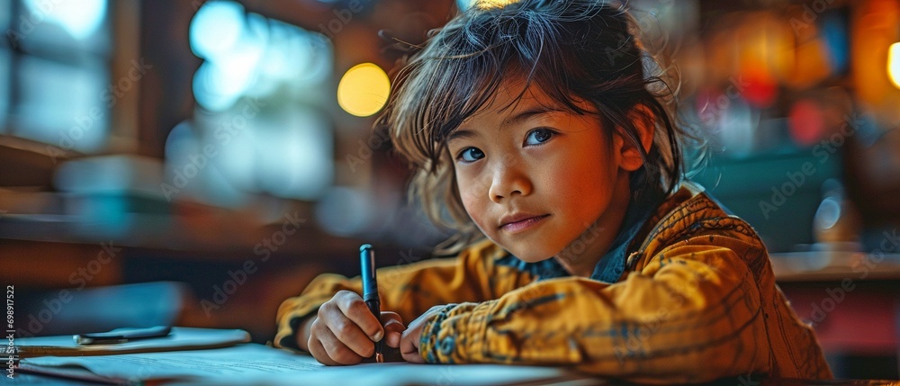 Youngster, studying, using a pen and paper at their desk, answering a ...