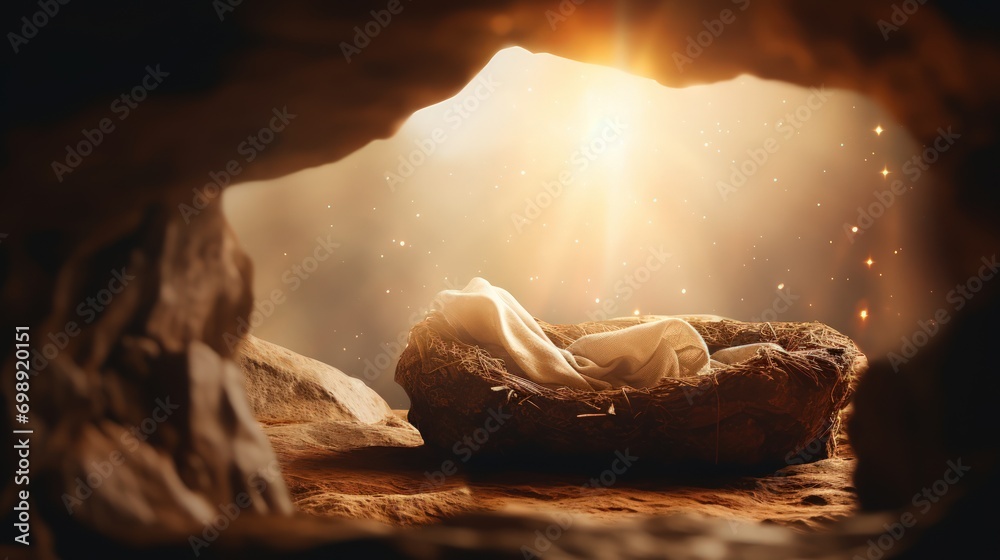 Waiting Birth Of Jesus Christ With Manger In Cave With Holy Light And ...