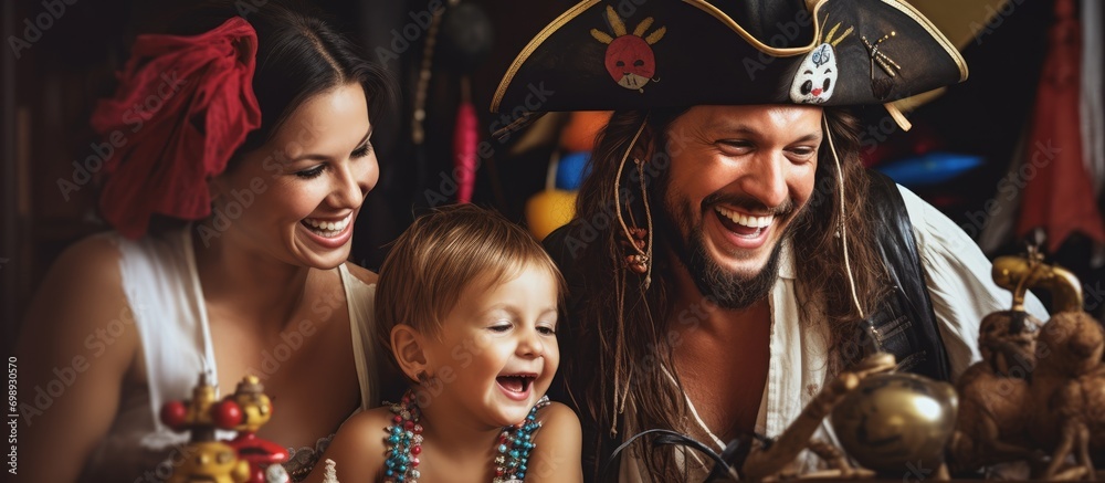A joyful family gets ready for a costume party with a little girl ...