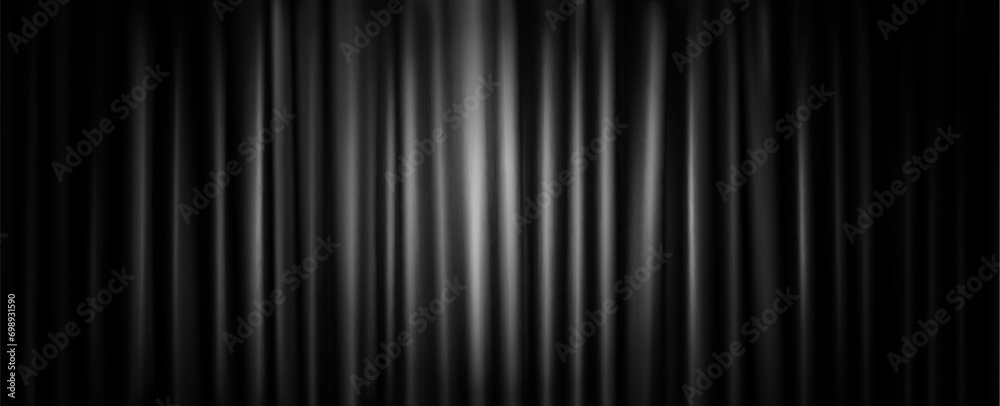 Closed black theater stage curtain with round spotlight. Realistic ...