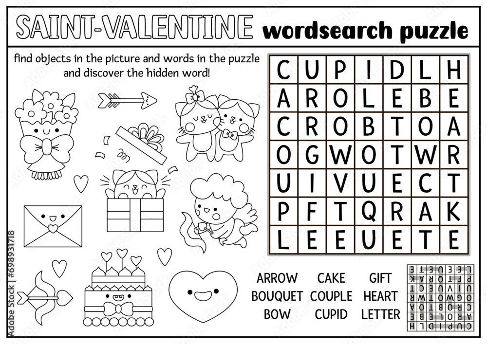 Vector Saint Valentine black and white word search puzzle for kids ...