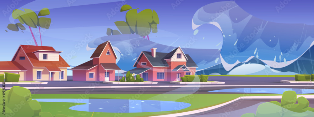 Giant tsunami wave covers ocean or sea coast with private houses, roads ...